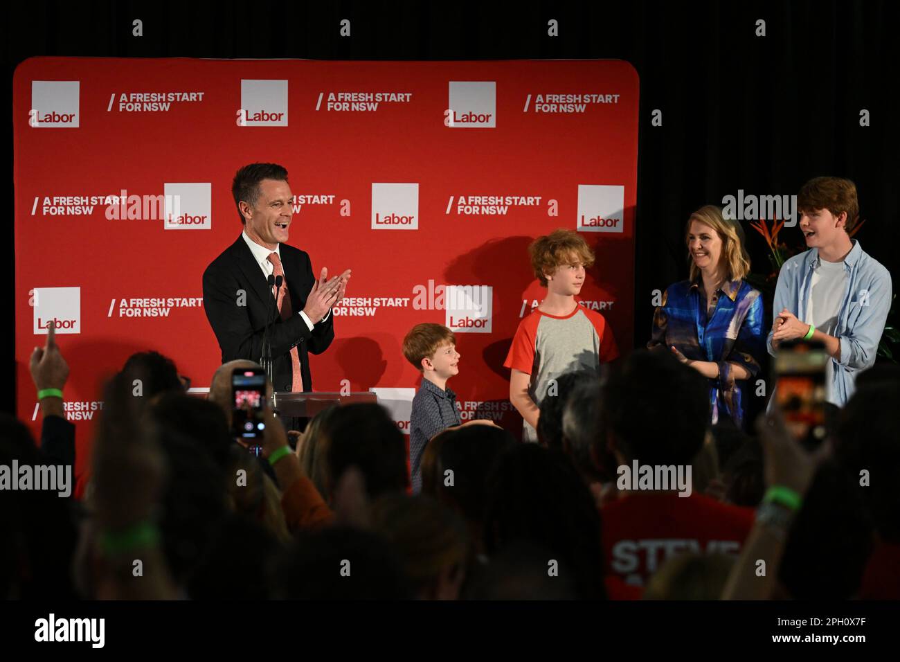 Labor leader and Premier elect Chris Minns with his wife Anna and sons ...