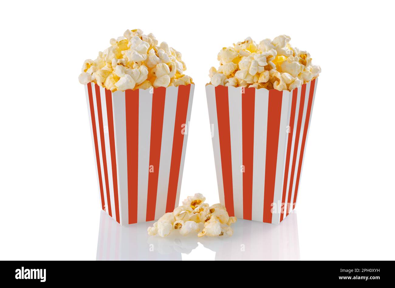 Two red white striped carton buckets with tasty cheese popcorn ...