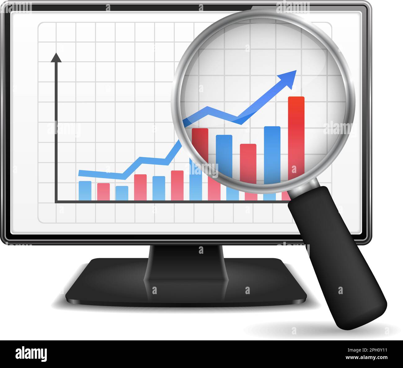 Magnifying glass showing rising bar graph with arrow on the screen of ...