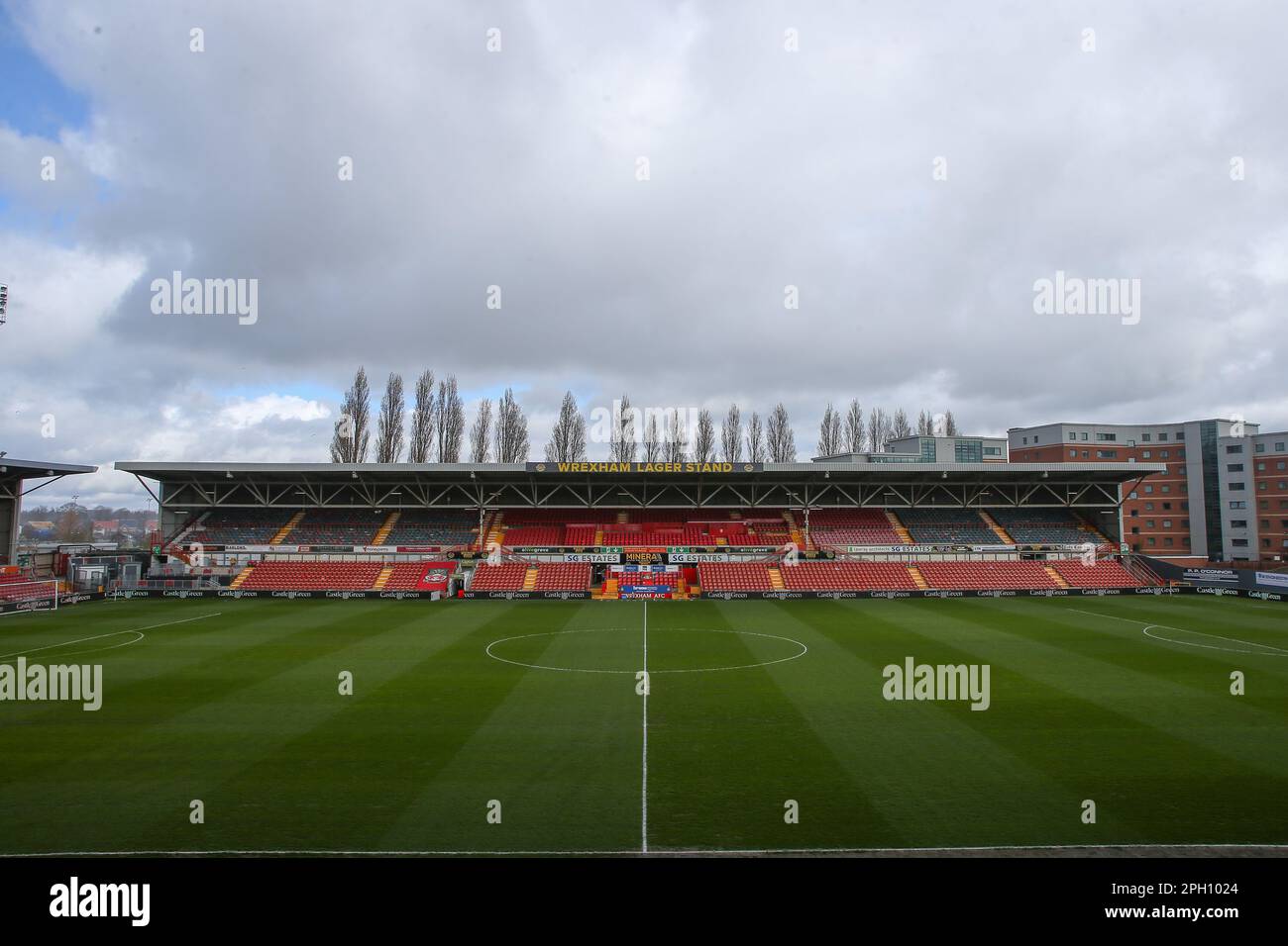 A general view inside of The Racecourse Ground, home of Wrexham ahead ...