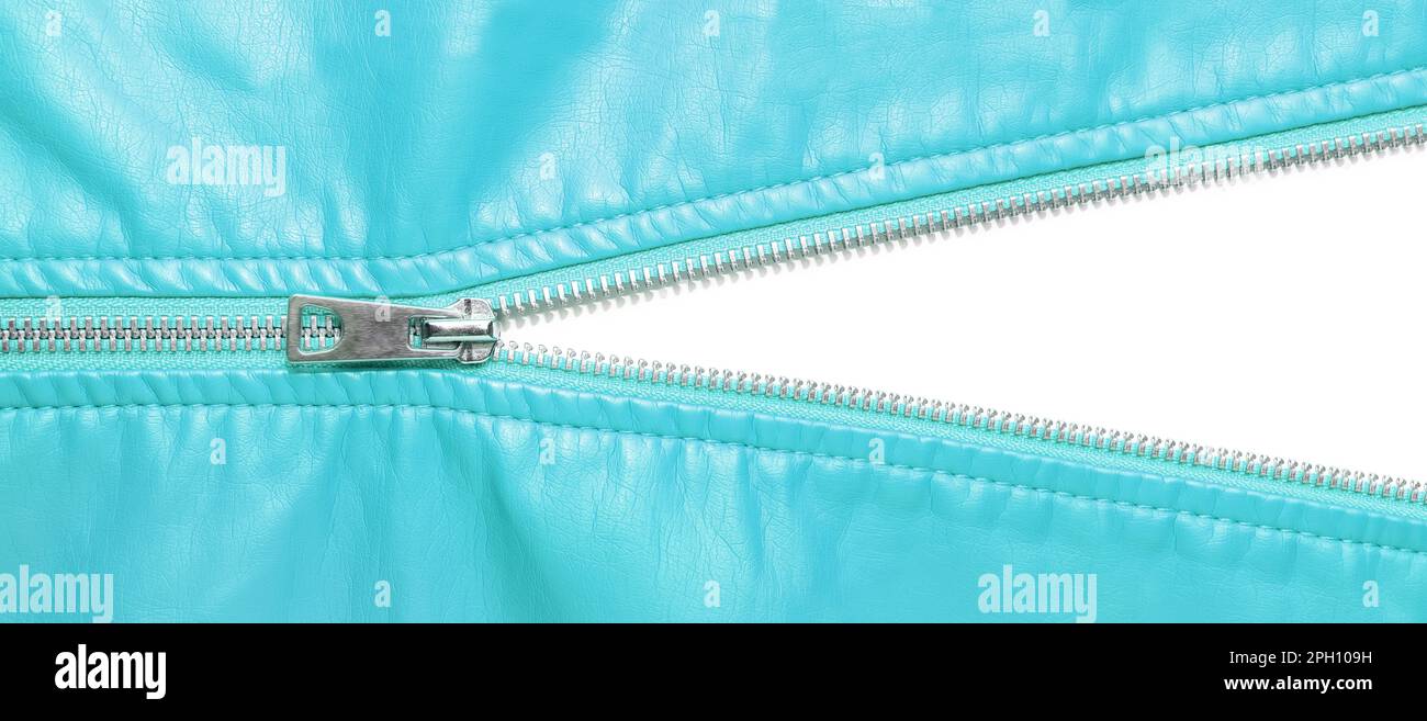 Turquoise leather texture and open metal zipper isolated on white ...