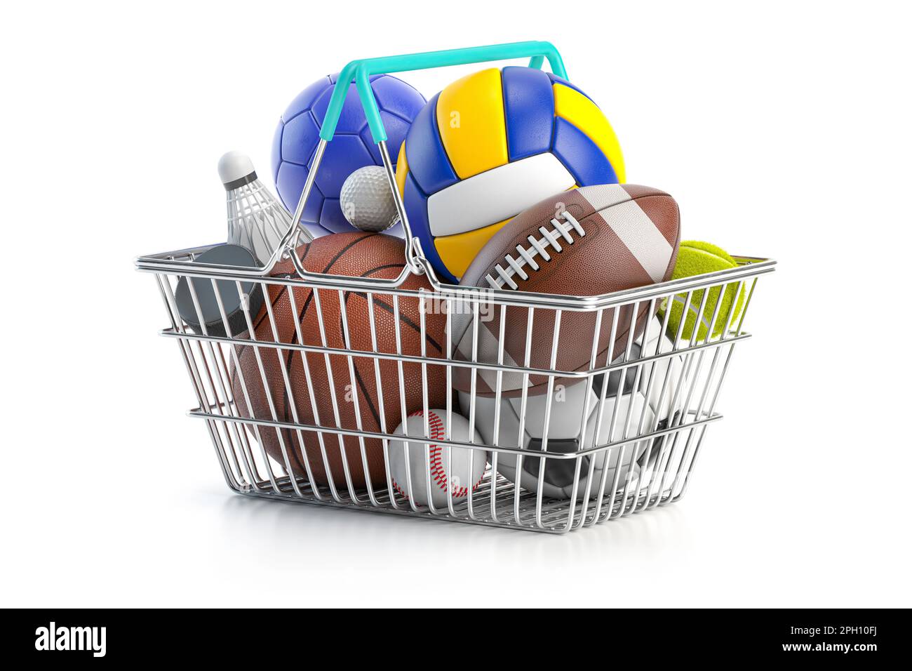 Shopping basket with different sport balls. Buying and sliing, e ...
