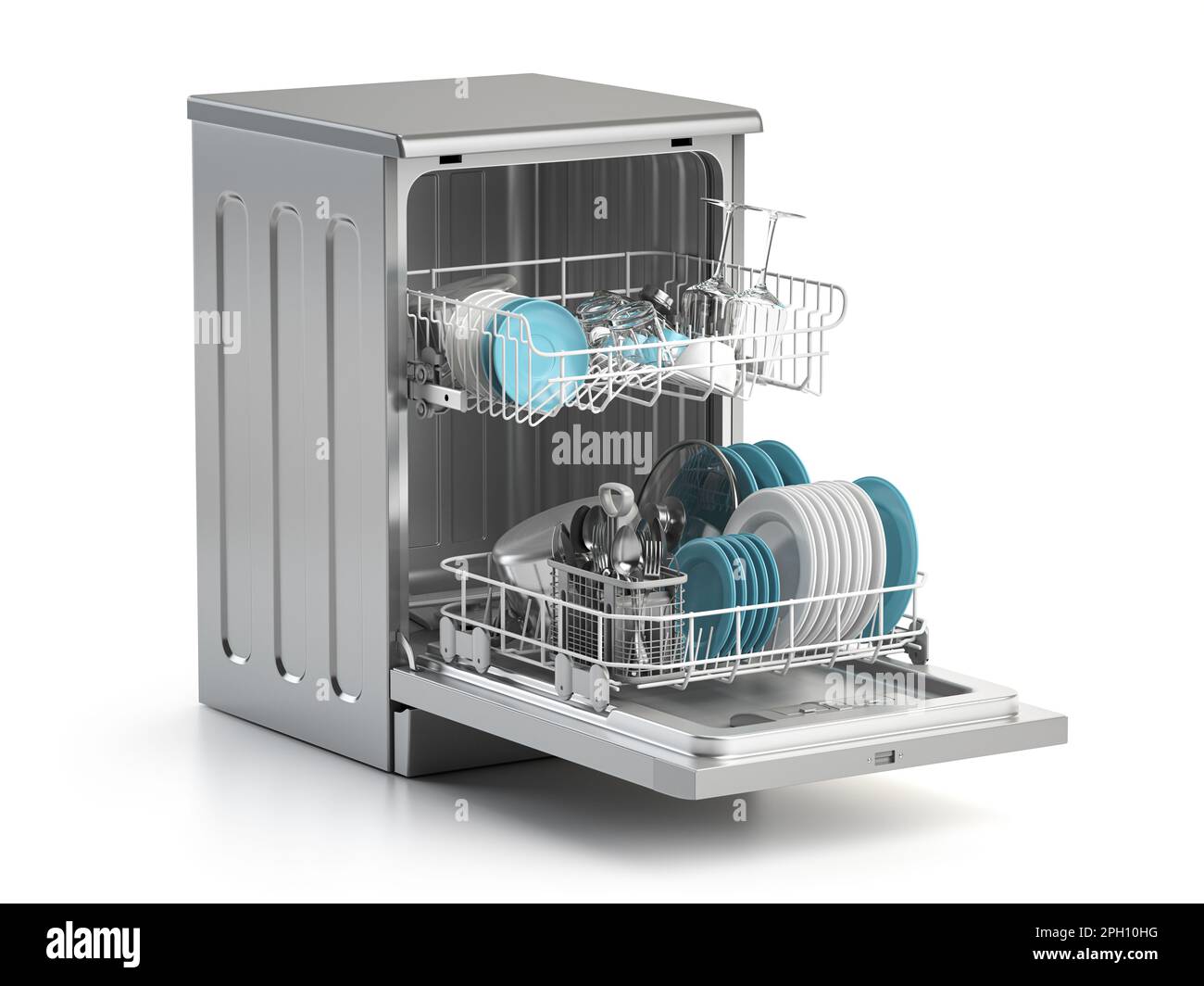 Open dishwasher with clean dishes inside. 3d illustration Stock Photo ...