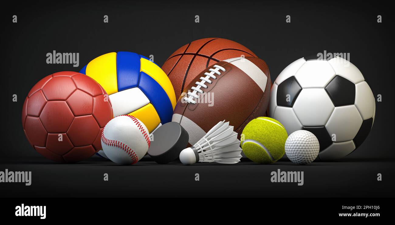 Different sport balls and equipment. Soccer, ffotball, basketball ...