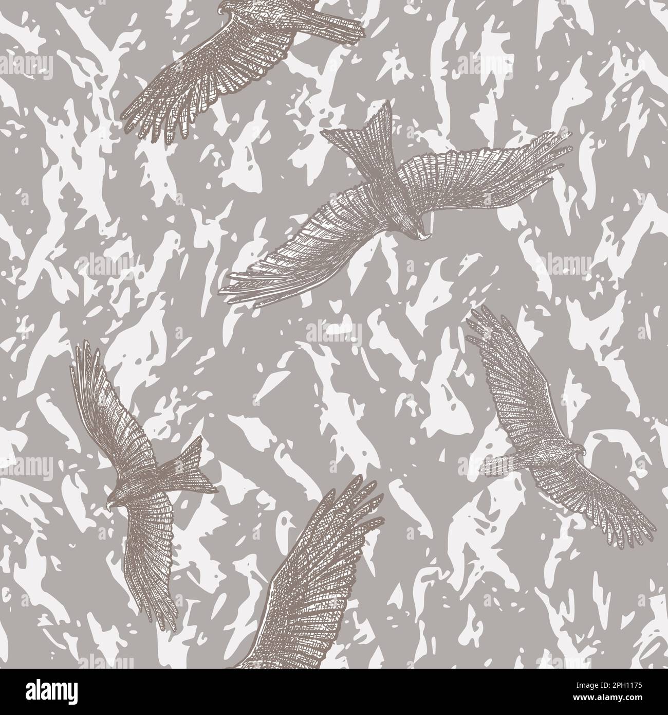 Birds of prey flying over abstract mountains. Hand drawn with pen and ...