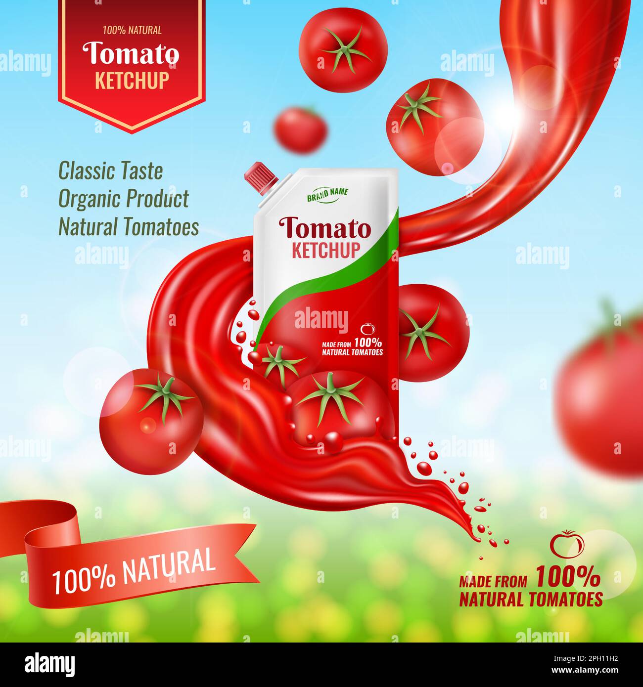 3d ketchup sauce, plastic container. Organic red tomato label, food product advertising, flying ...