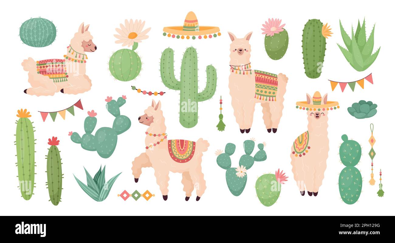 Llamas and cactus, cute Peru party decorative cartoon isolated elements ...