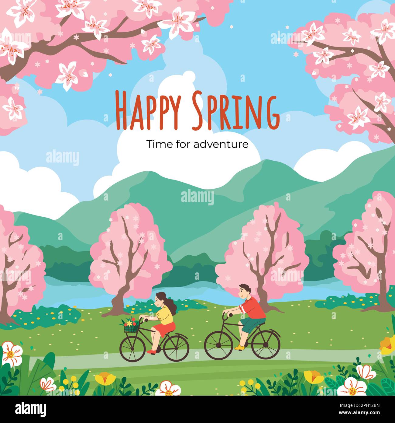 Spring flower landscape. Bicycle travel. Blossom season card with ...