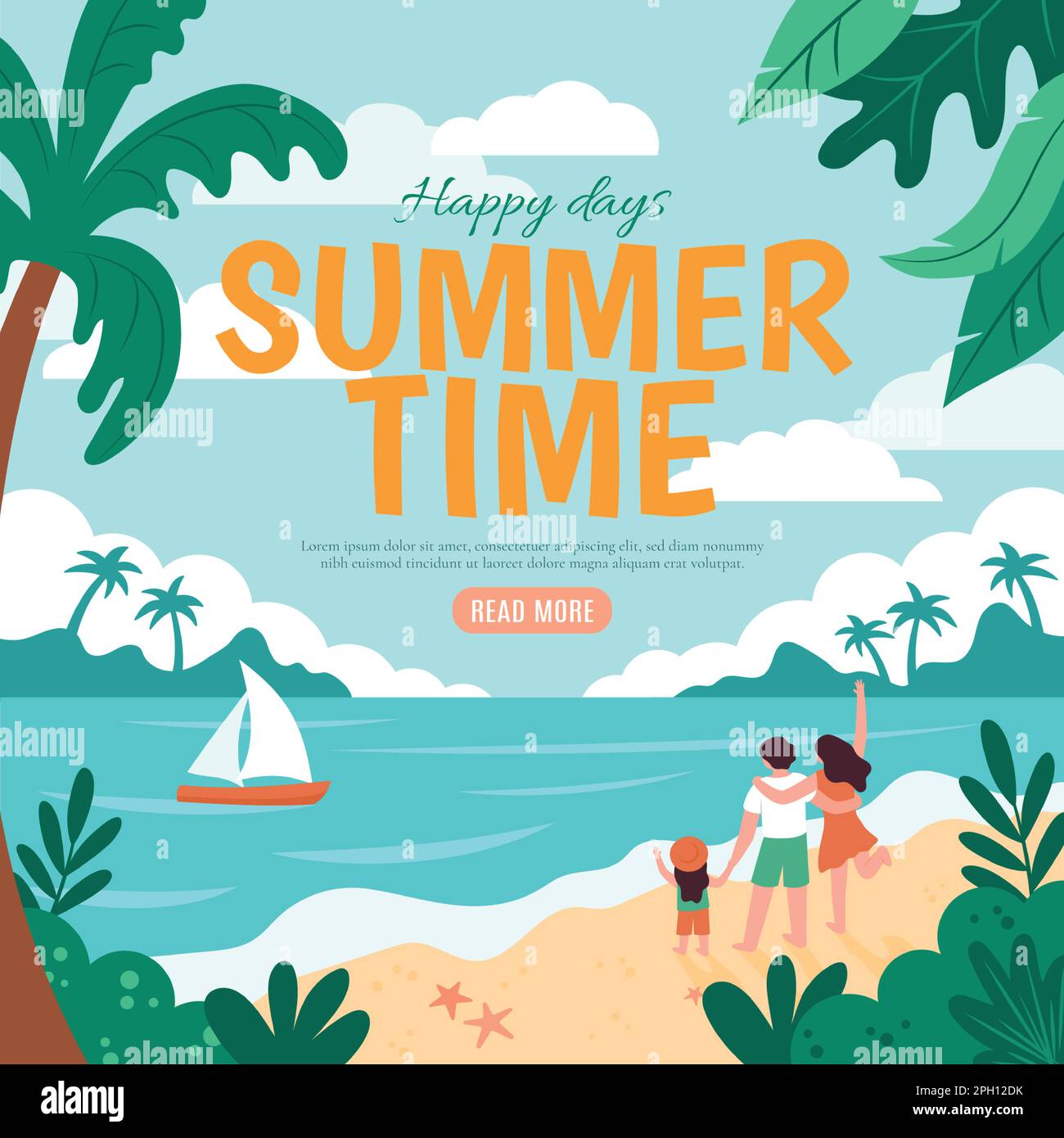 Summer beach, blue ocean water, family event. Sunny palms and vacation shopping, palm trees, sea ...