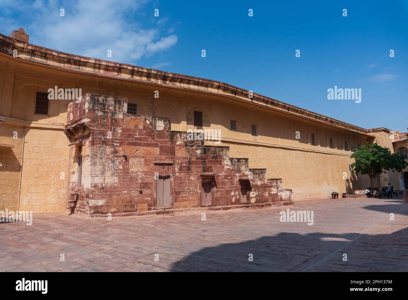 Ancient stair case and partly renovated stone wall of Mehrangarh fort ...
