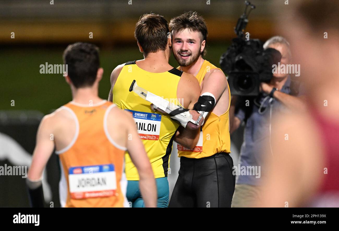 Jayden Page (centre) celebrates winning the mens Para Athletes 100 ...