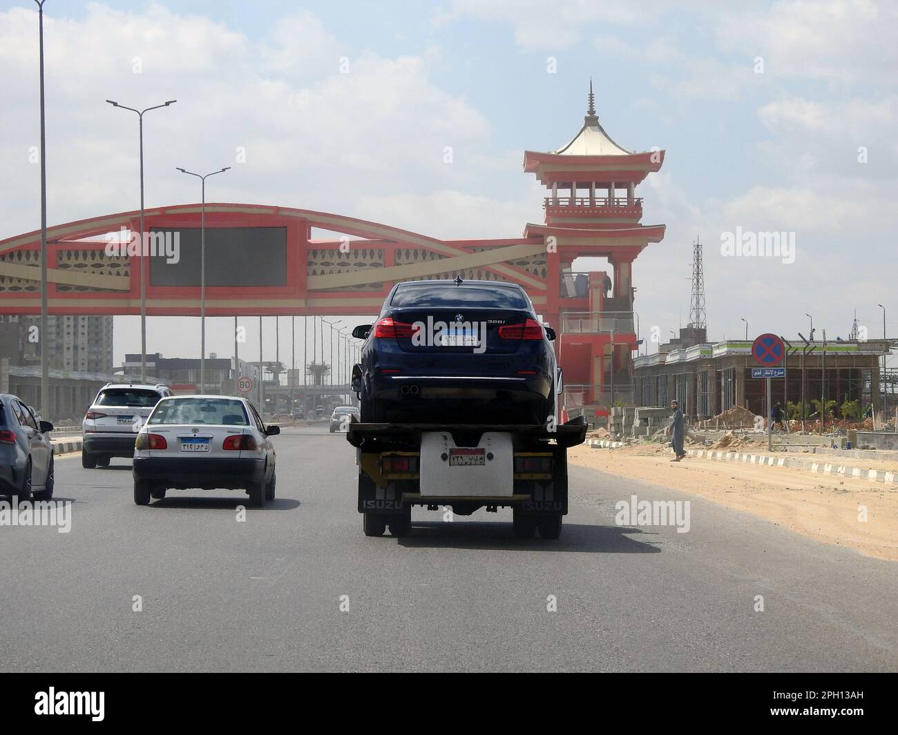 Cairo, Egypt, March 15 2023: A tow recovery transporter hydraulic ...