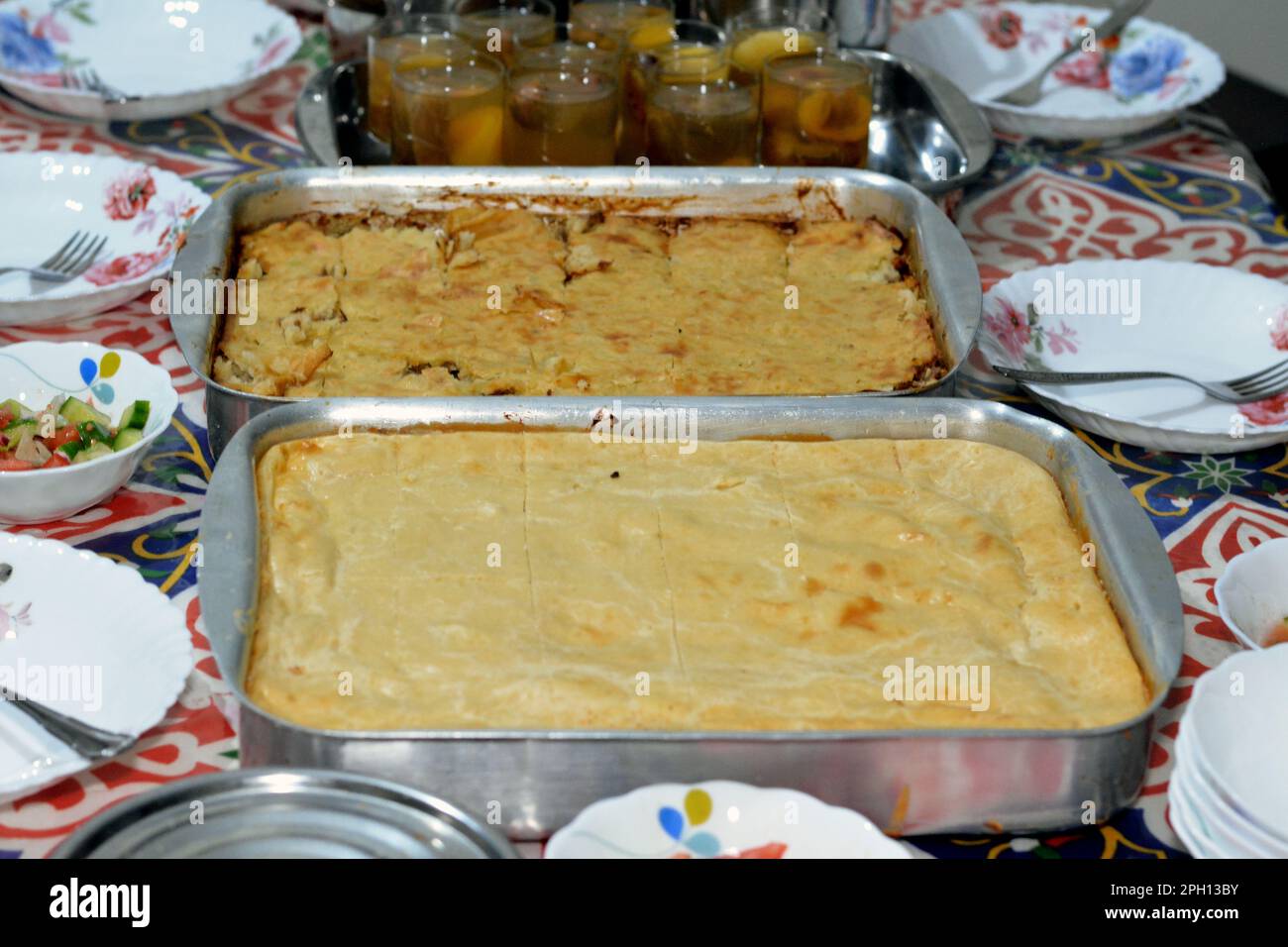 Ramadan month iftar table with different types of food, mashed potatoes ...