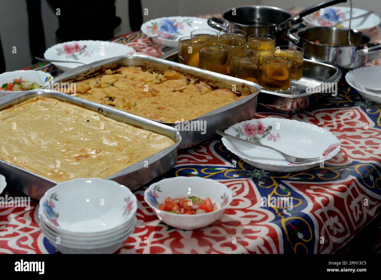 Ramadan month iftar table with different types of food, mashed potatoes ...