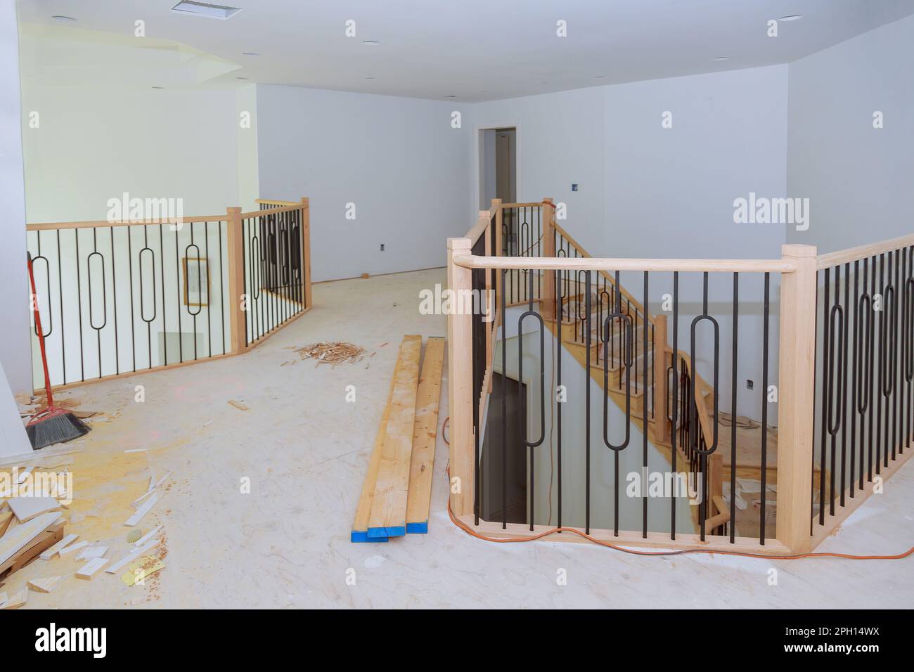 As part of construction process new residence wooden railing is being ...