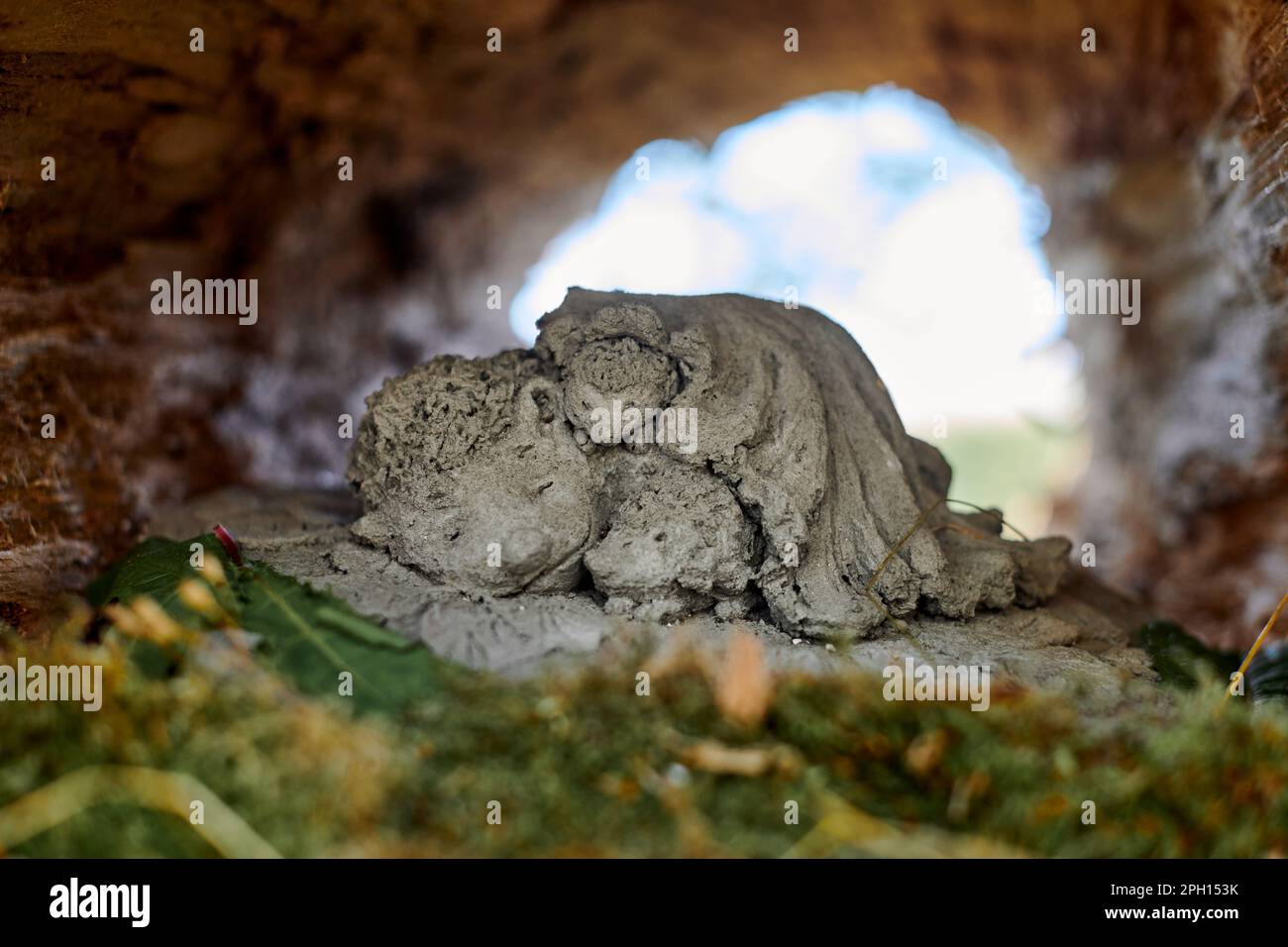Cute sleeping hedgehog family statue Inside wooden log near green moss ...