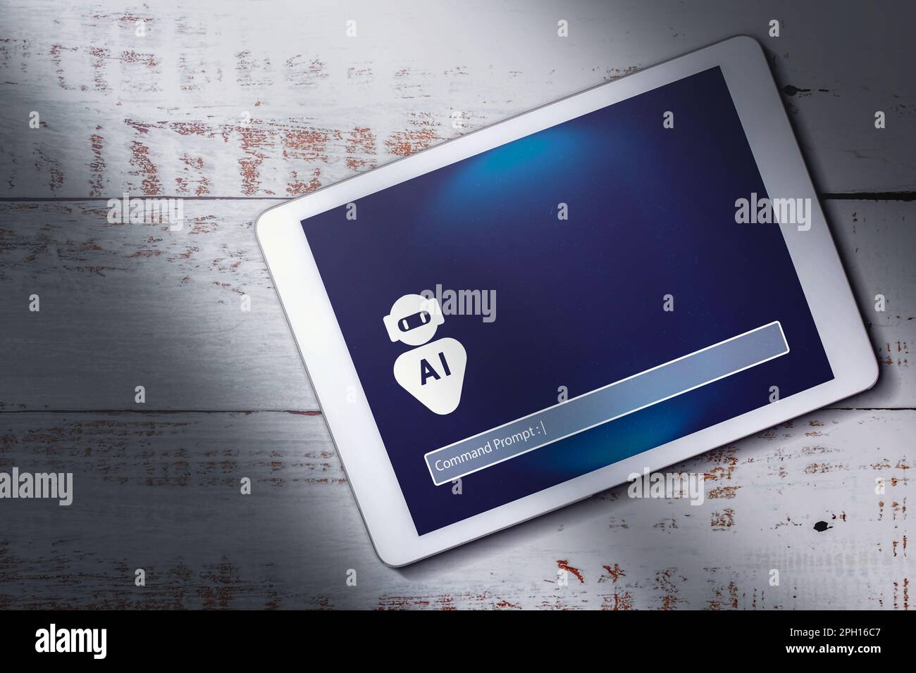 Top view of digital tablet with chatbot on screen and copy space. Command prompt AI concept ...