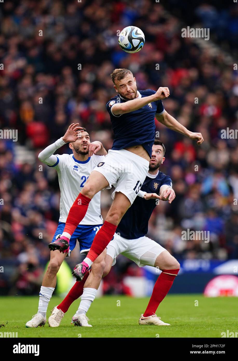 Scotland's Ryan Porteous heads clear during the UEFA Euro 2024 Group A ...