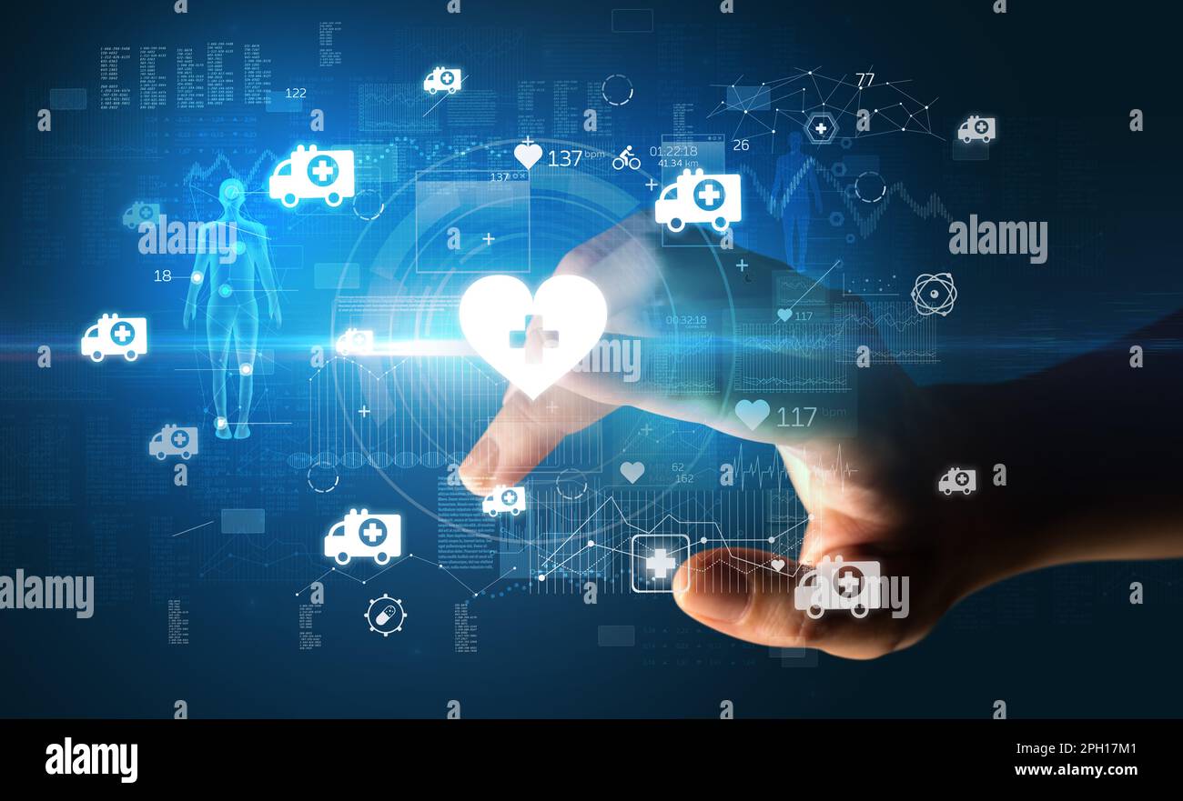 Doctor hand pressing futuristic health device with medical symbol on ...