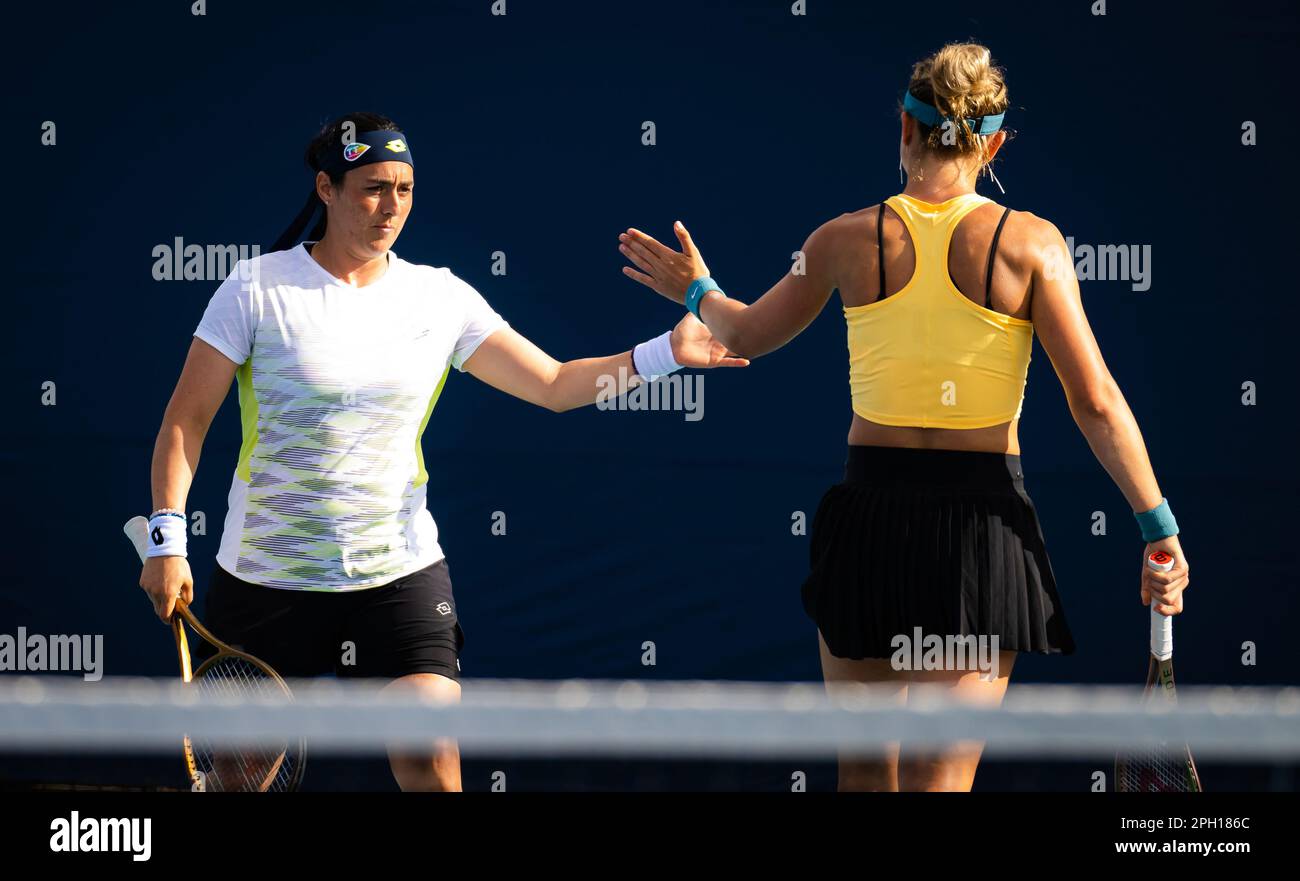 Paula Badosa of Spain & Ons Jabeur of Tunisia playing doubles at the ...