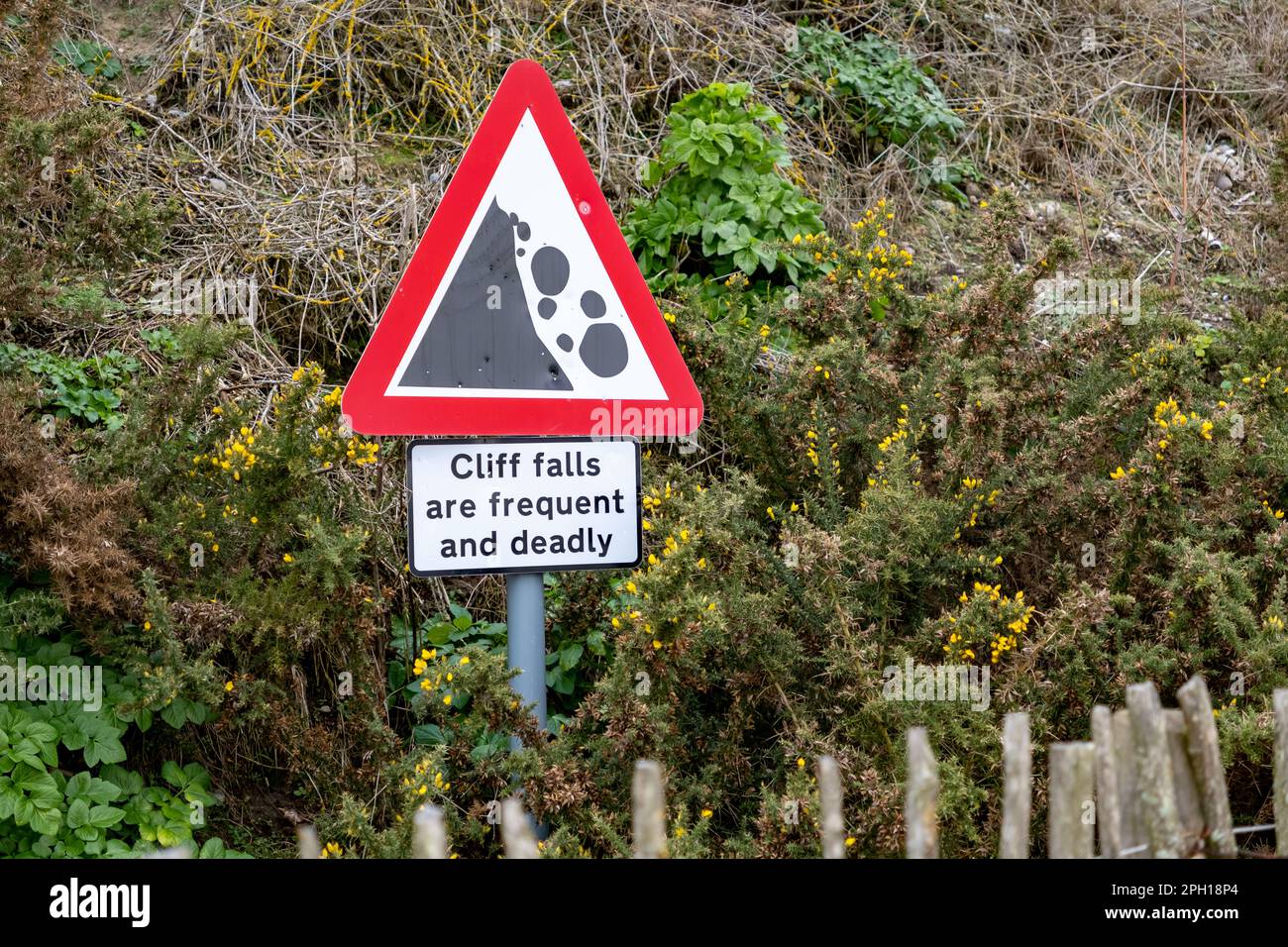Cliff erosion sign warning beach goers of the dangers on Dunwich beach ...