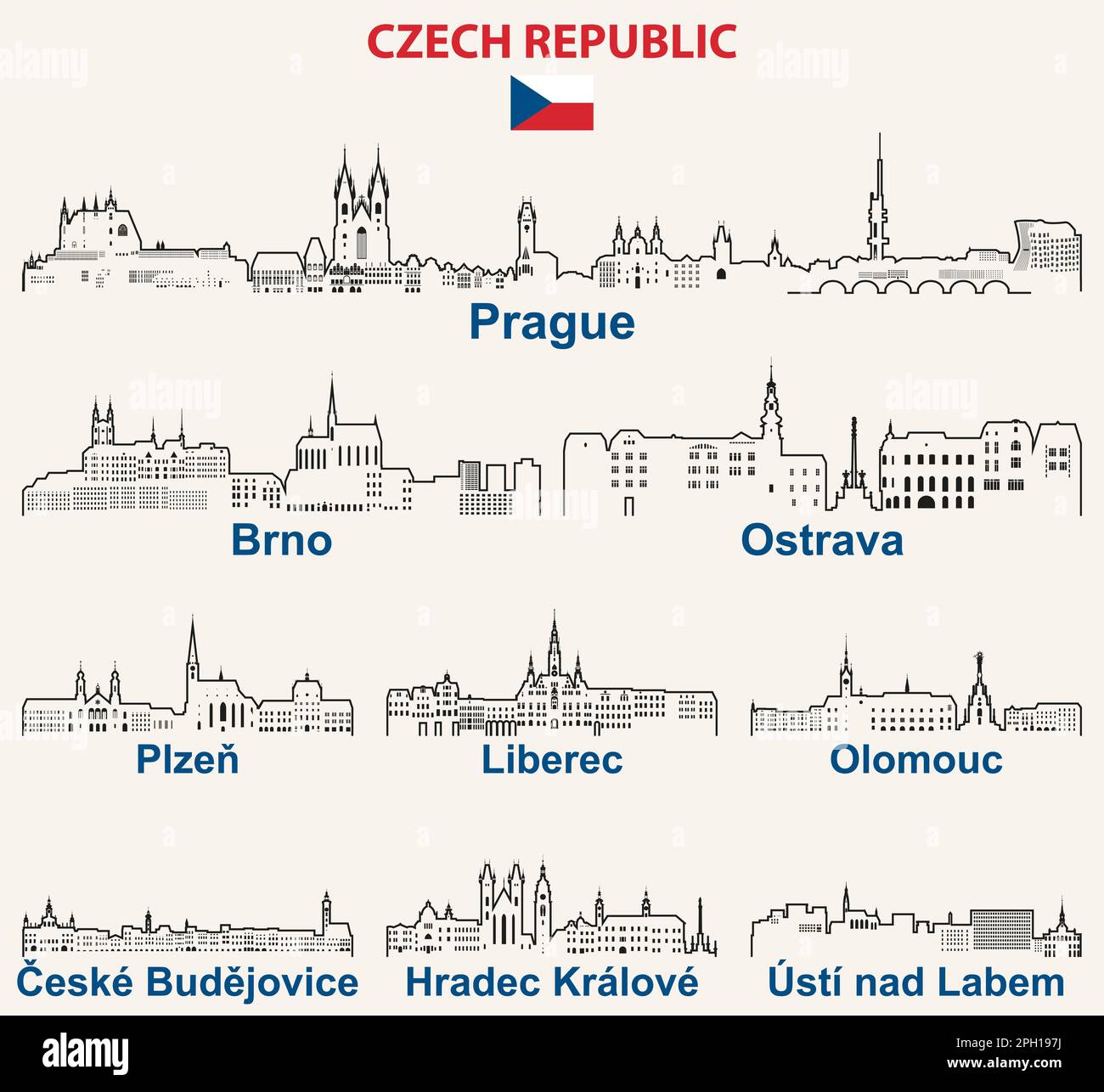 Czech Republic cities outline skylines vector set Stock Vector Image ...