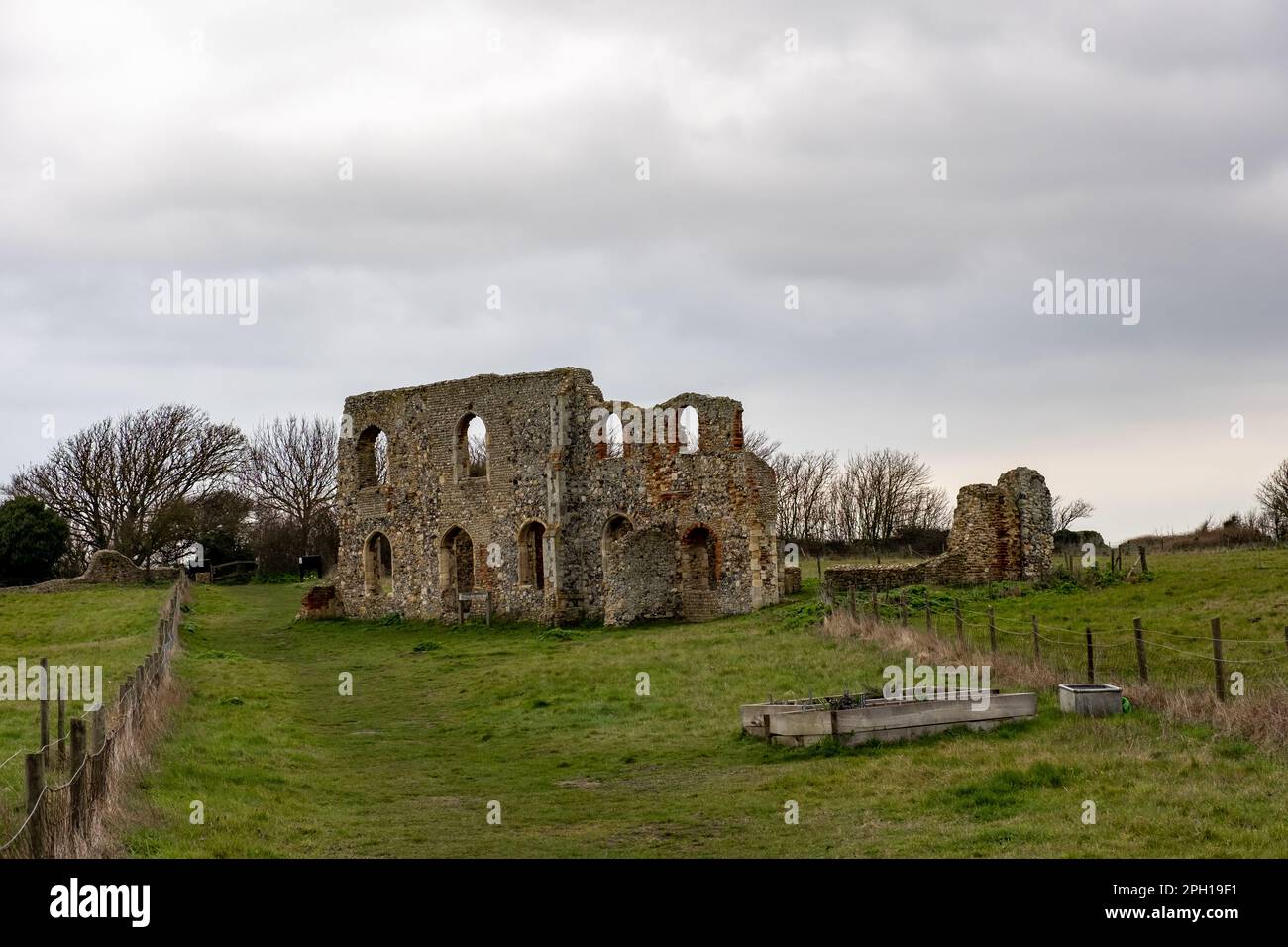 Front on view of an old historic chapel or priory in Dunwich in Suffolk ...