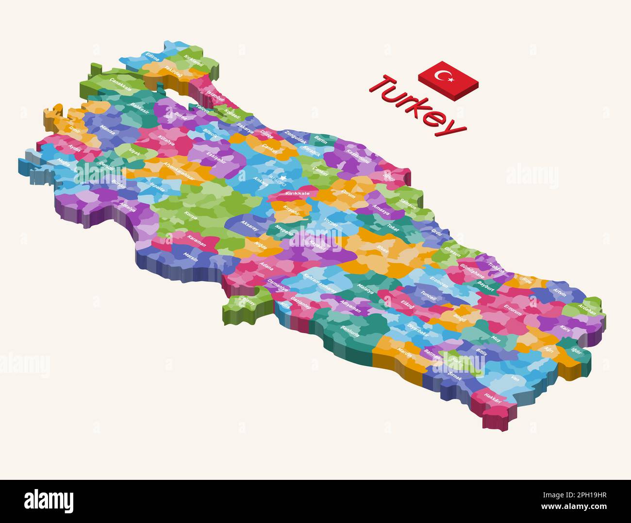 Turkey administrative districts 3d (isometric) isolated map colored by ...