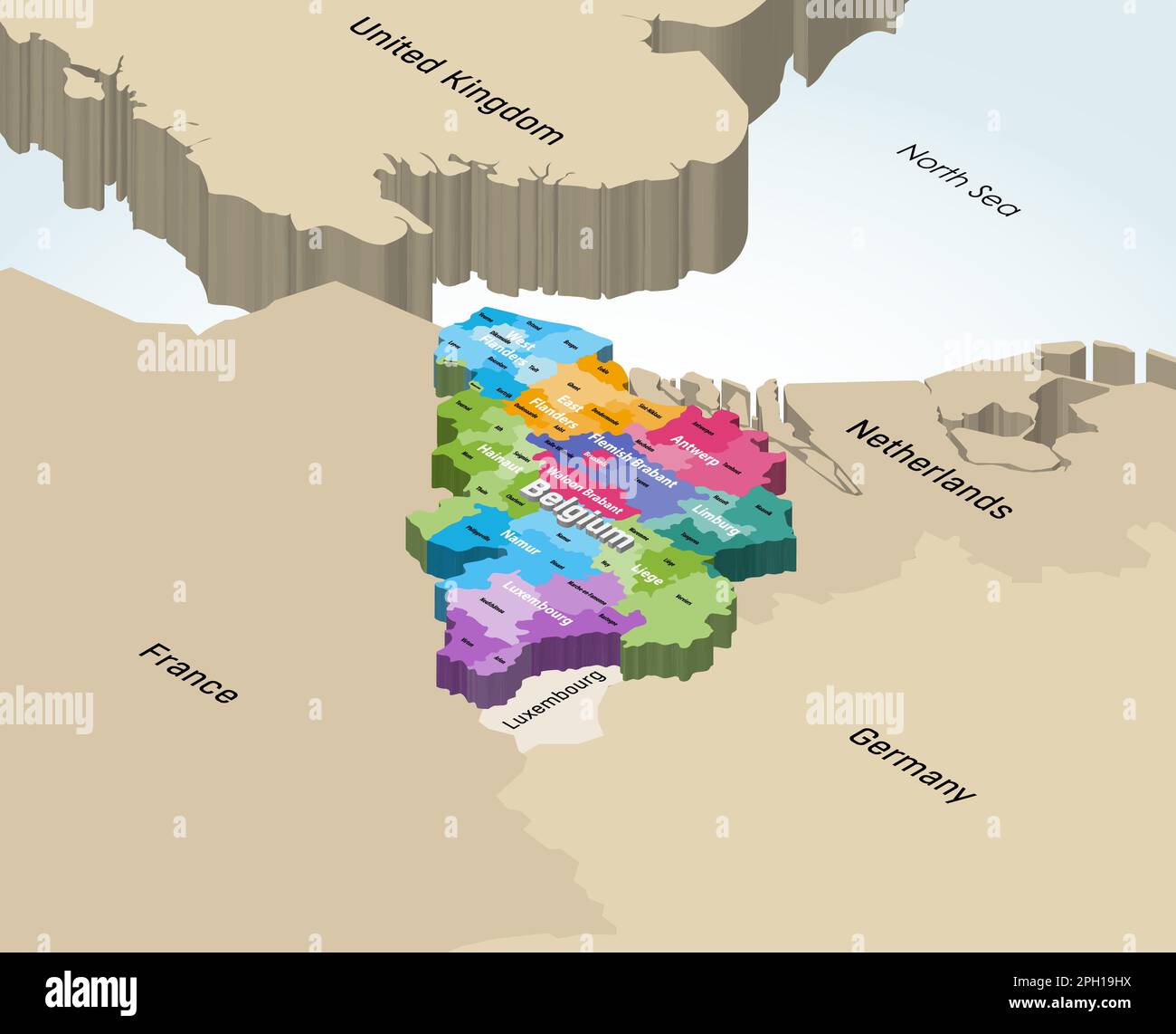 Belgium 3d (isometric) vector map colored by provinces with ...