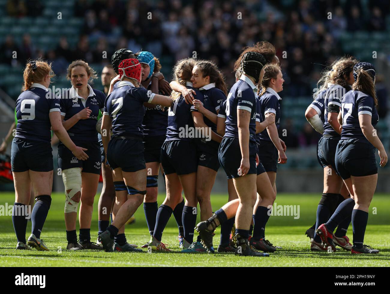 Oxford players celebrate after Chloe-Marie Hawley scores a try during ...