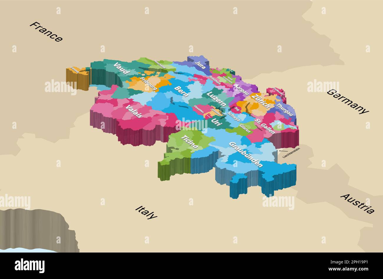 Cantons of Switzerland isometric colorful detailed vector map with ...