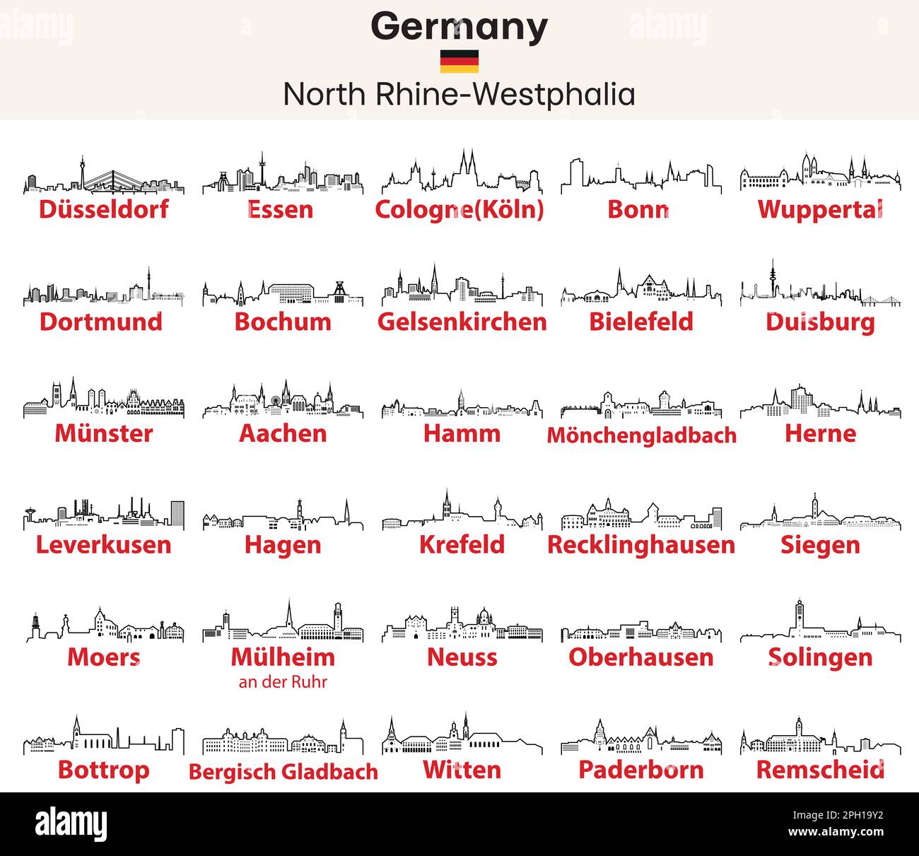 North Rhine-Westphalia (state (land) in Western Germany) cities outline ...