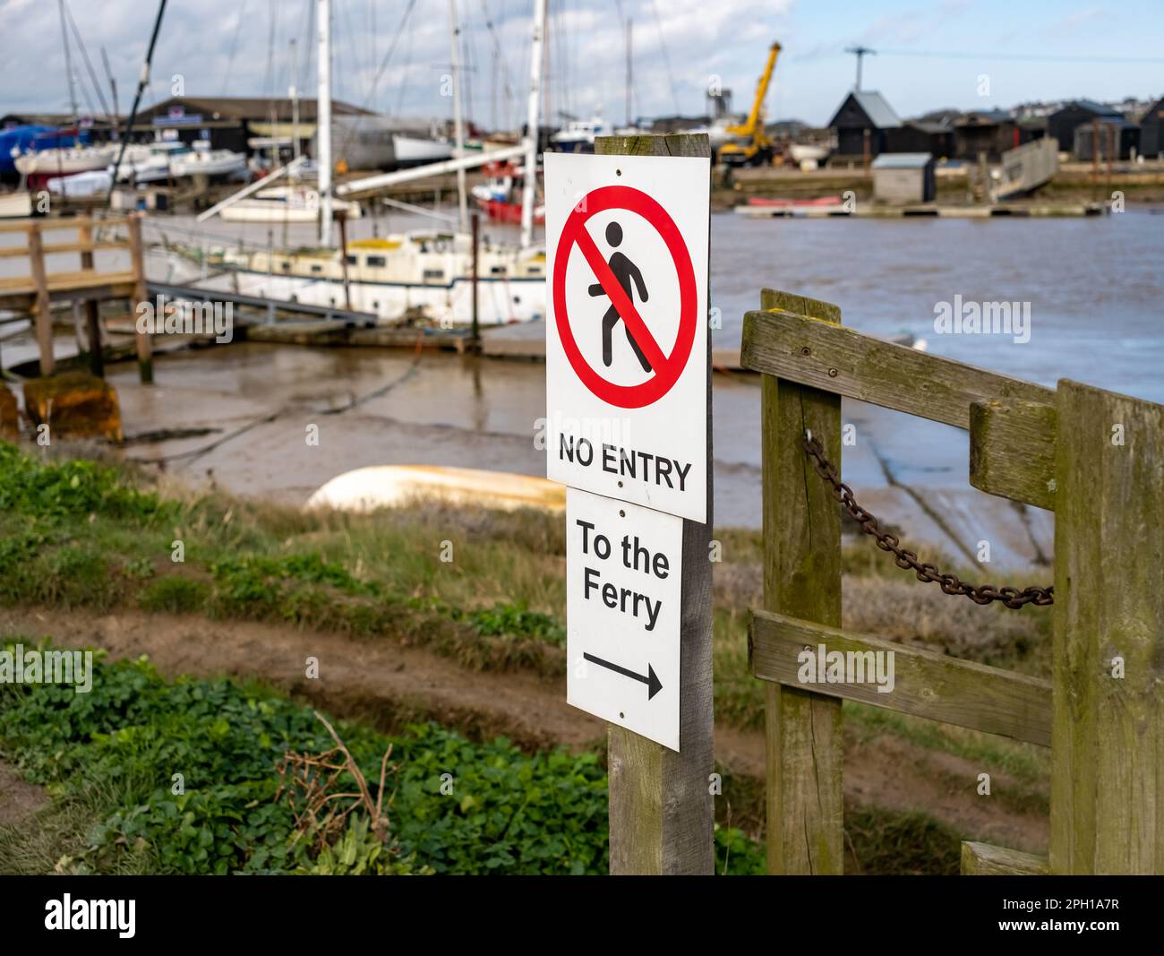 No entry sign to wooden piers and jetties on the River Blyth in ...