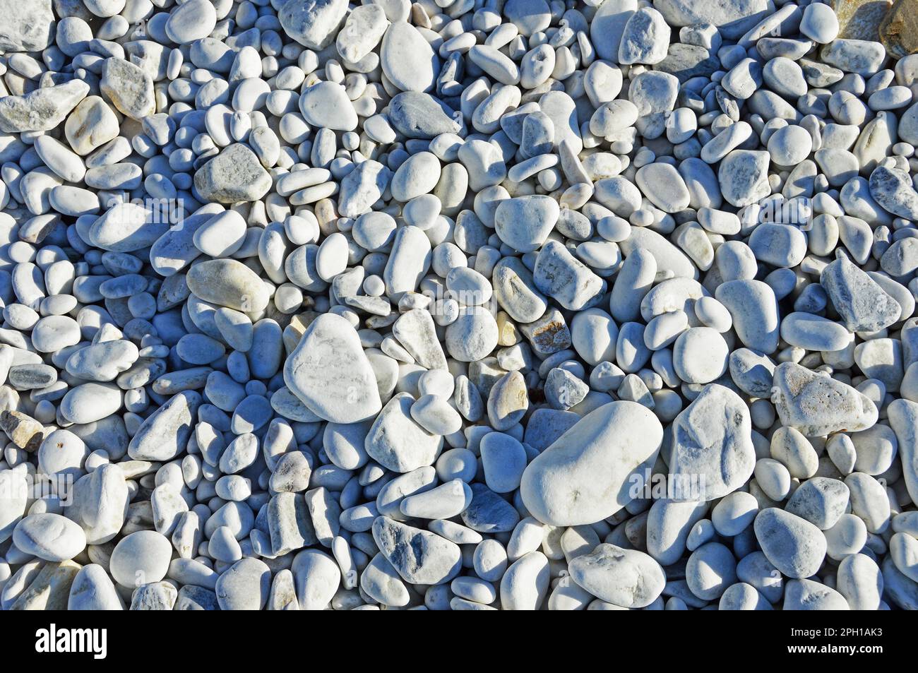 Different sized oval and round marble pebbles on the coast of the ...