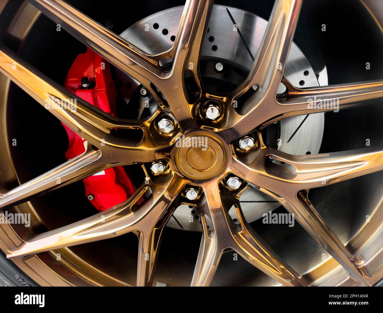 Tyre and alloy wheel. Modern brakes. Car exterior details. Car alloy ...