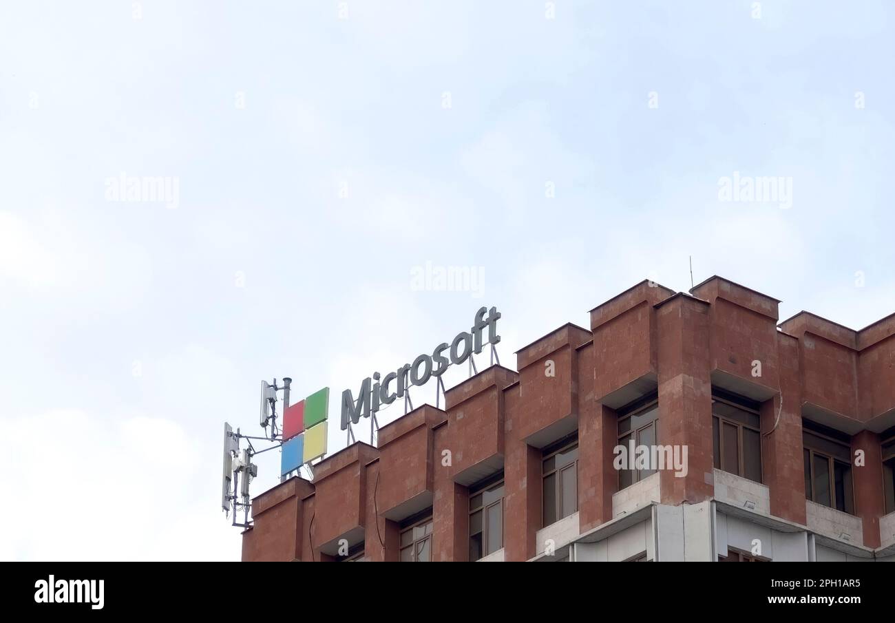 Yerevan, Armenia, March 12, 2023: Microsoft logo at office building ...