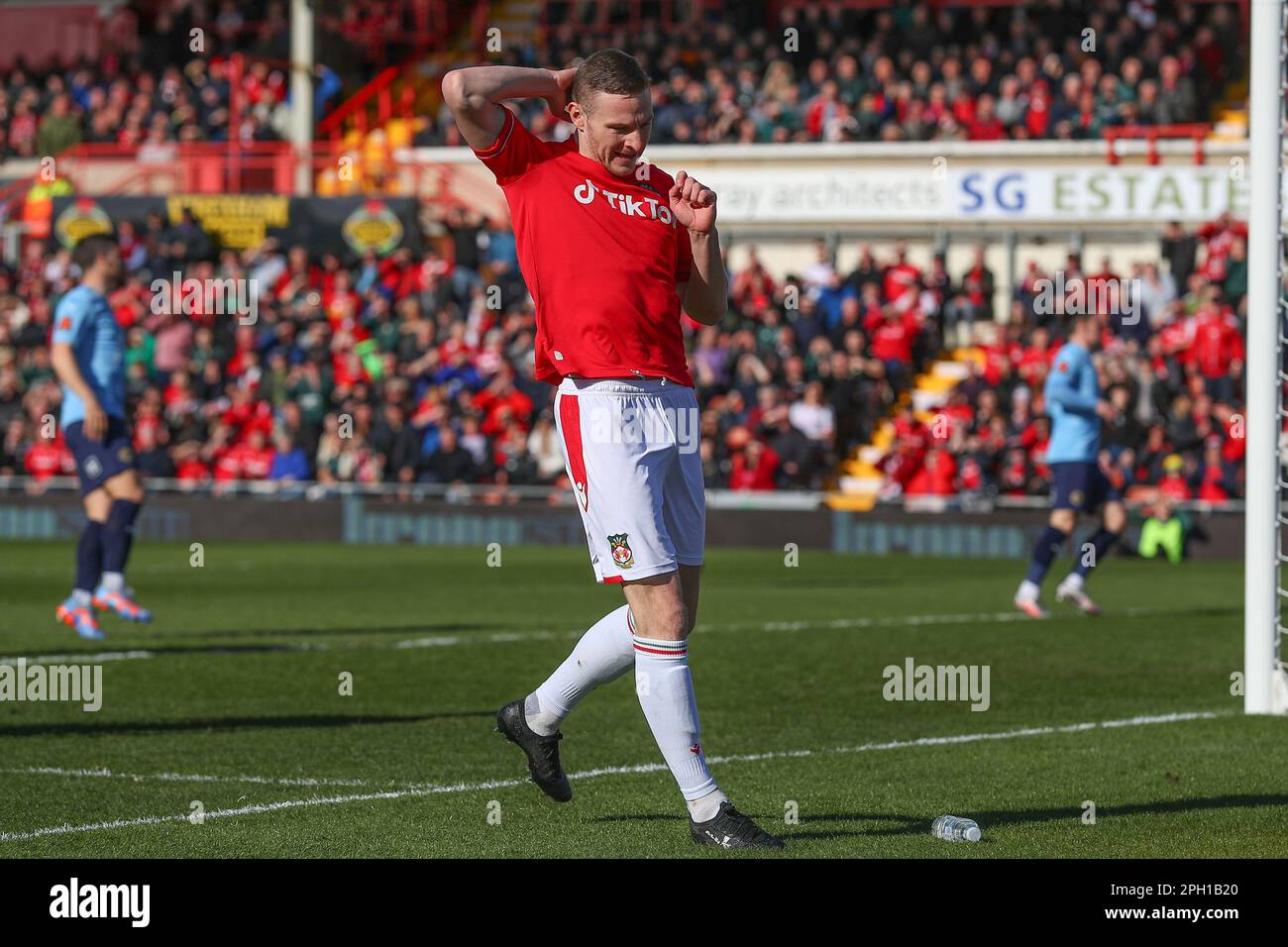 Paul Mullin #10 of Wrexham reacts to a missed chance during the ...
