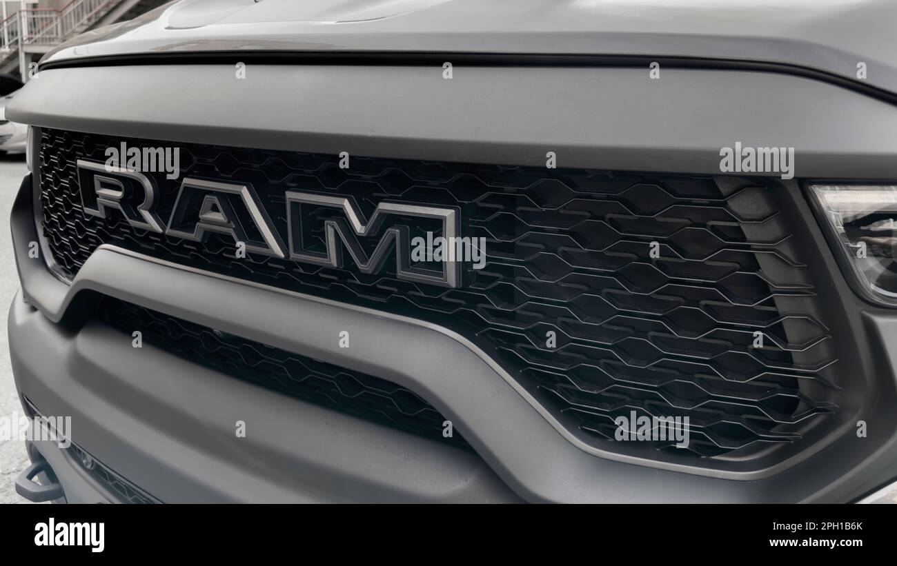 Yerevan, Arnenia, March 12, 2023: Dodge Ram Off-road car. Ram logo ...