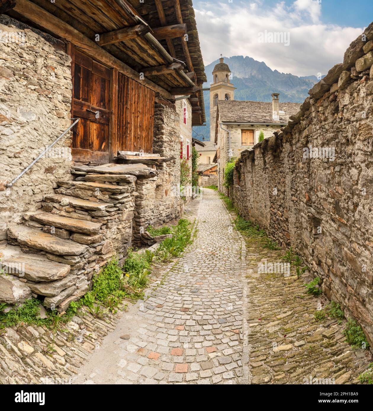 The rural architecture of Soglio village at dusk in the Bregaglia range ...