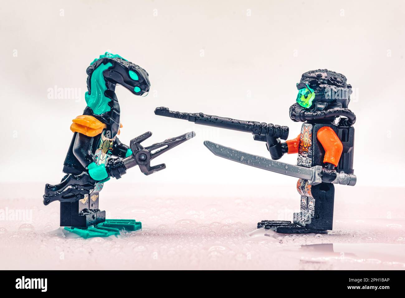 Lego ninjago minifigures fight, set fight scene with lego toy, water ...