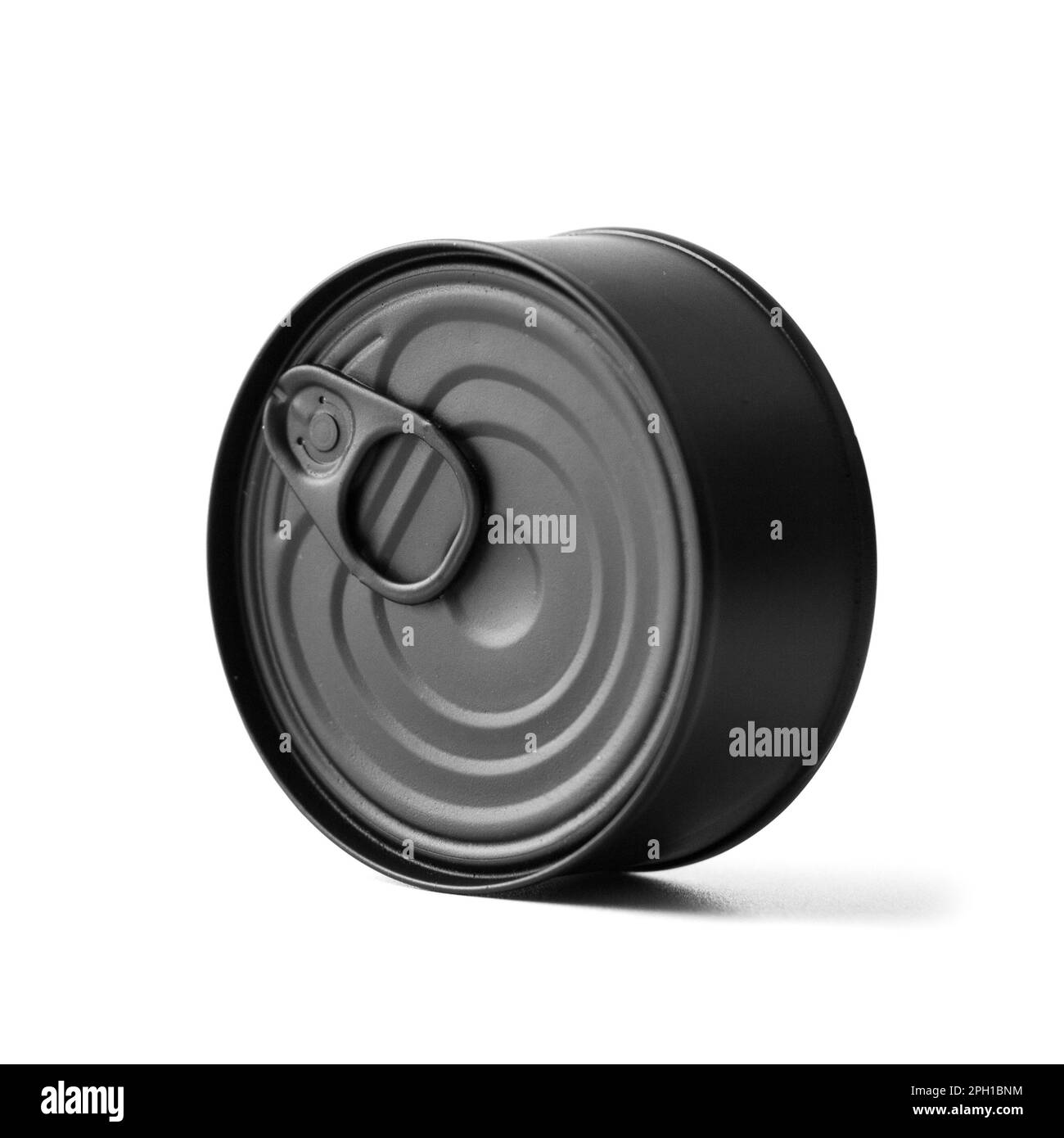 Black round closed tin can isolated on white background, tinned food ...