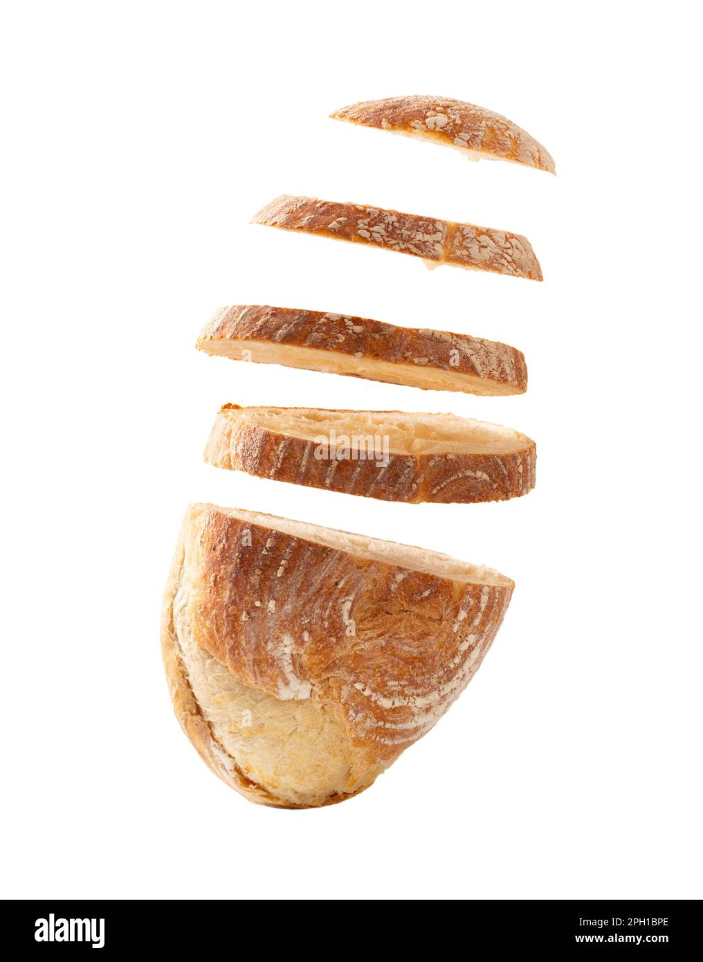 Falling sliced white wheat bread on a white background vertically ...