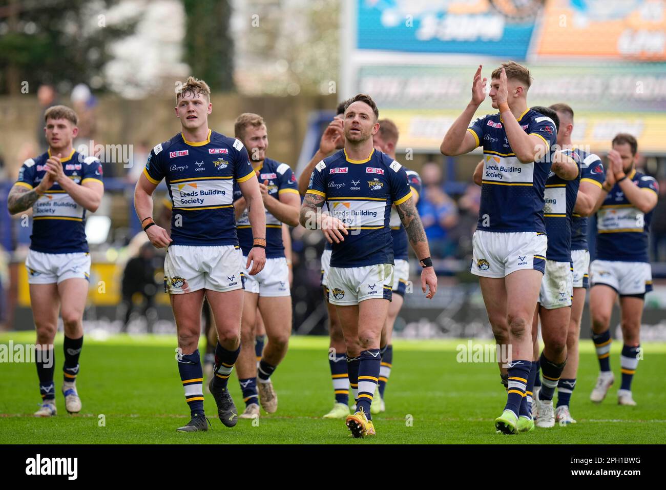 Leeds, UK. 25th Mar, 2023. Richie Myler #1 of Leeds Rhinos leads his ...