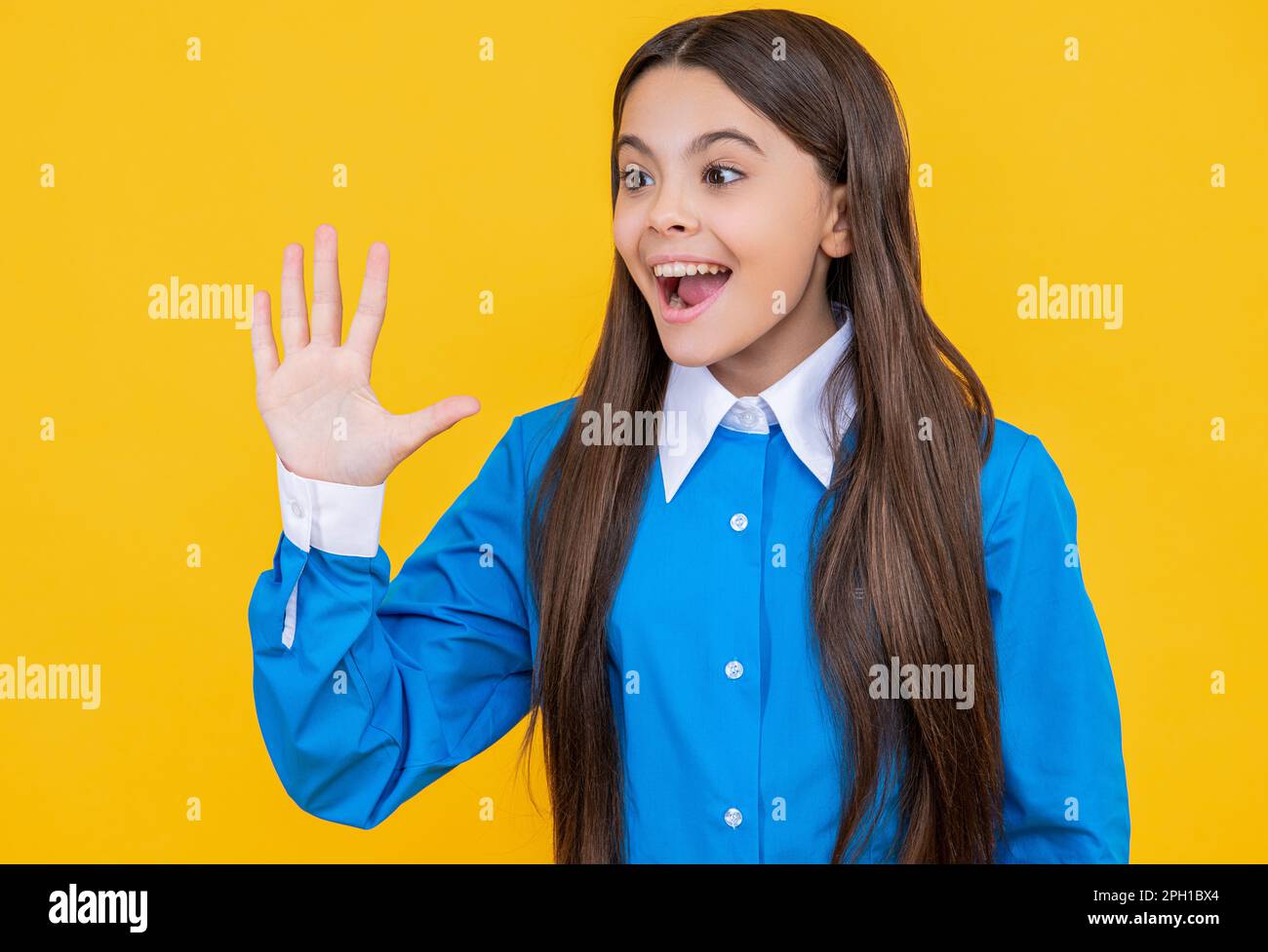 teen school girl in studio, hello. teen school girl on background Stock ...