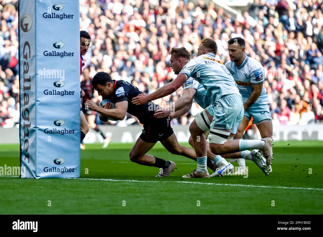 London, UK. 25th Mar, 2023. Alex Lozowski Saracens drives for the line ...