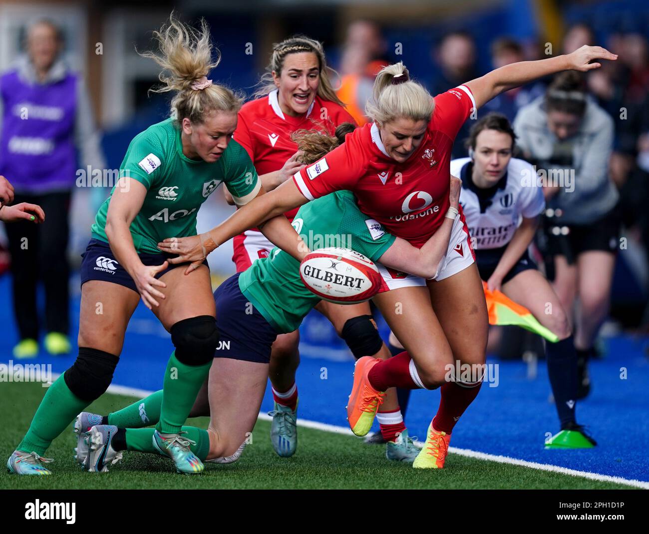 Wales' Carys Williams-Morris (right) is tackled by Ireland's Vicky Anne ...
