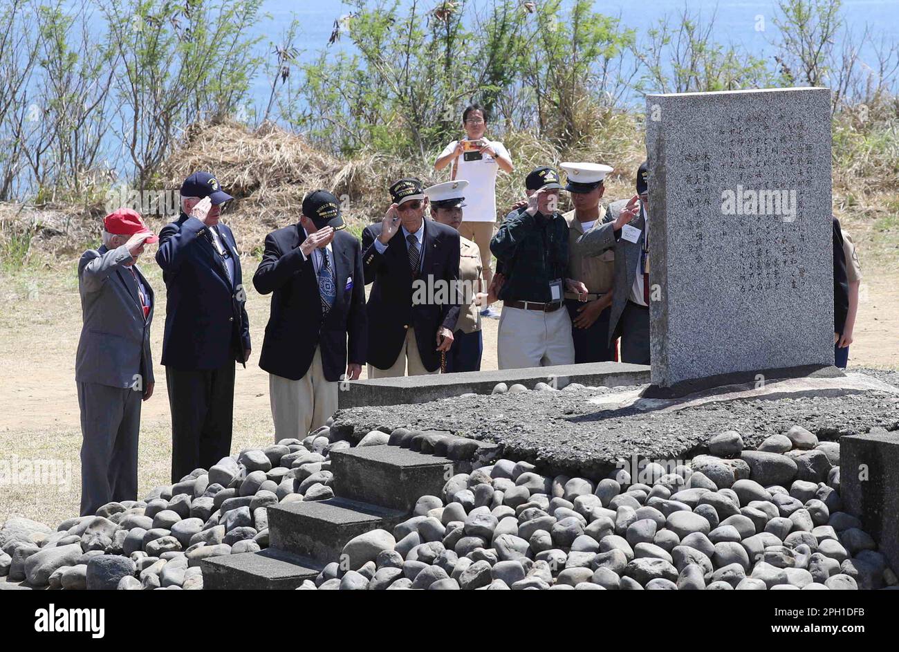 U.S. people visit a cenotaph at Iwo Jima (Iō Tō / Ioto / Io To) in ...