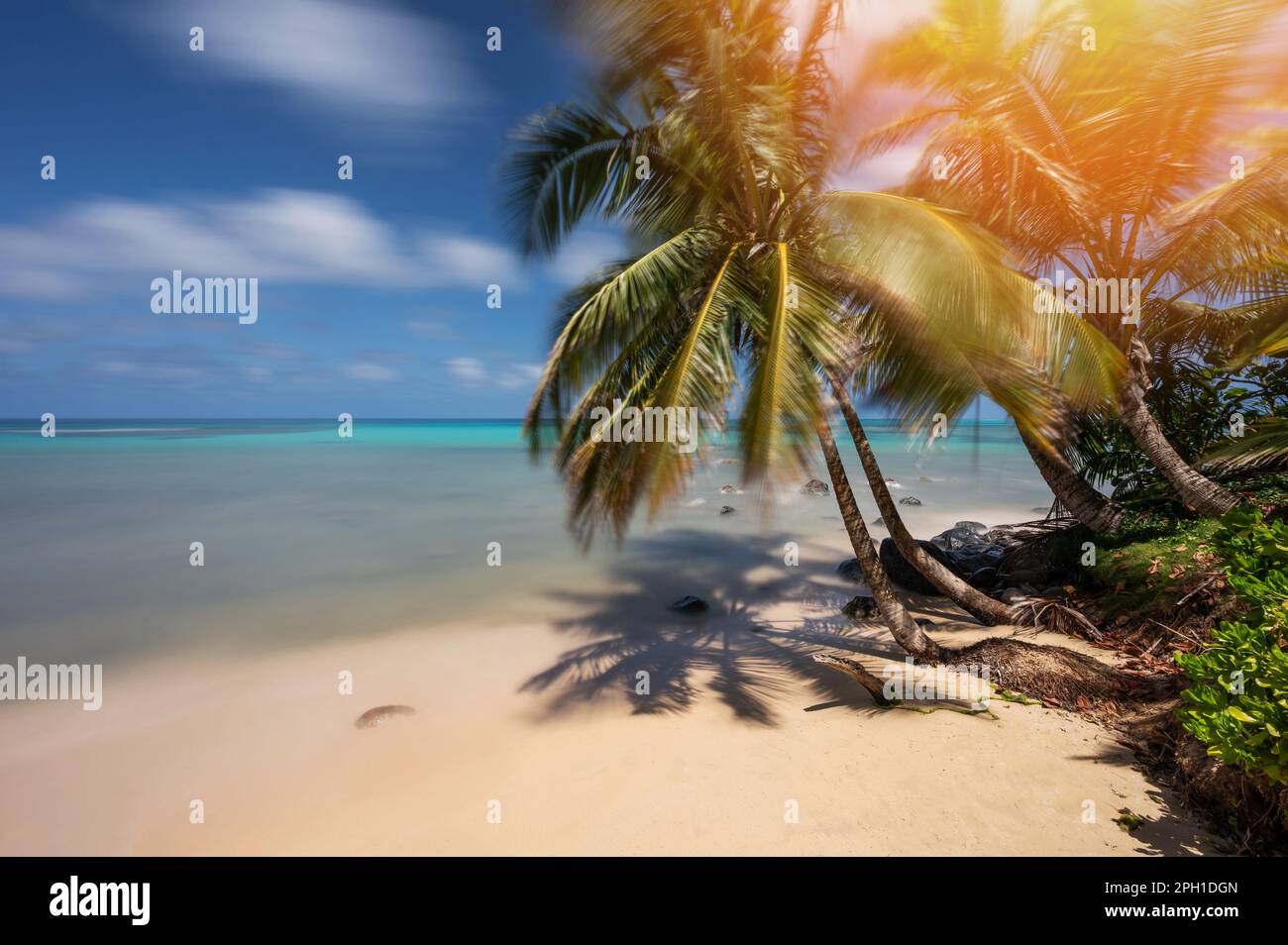 Holiday vacation on blue Caribbean sea theme. Empty sandy beach with ...