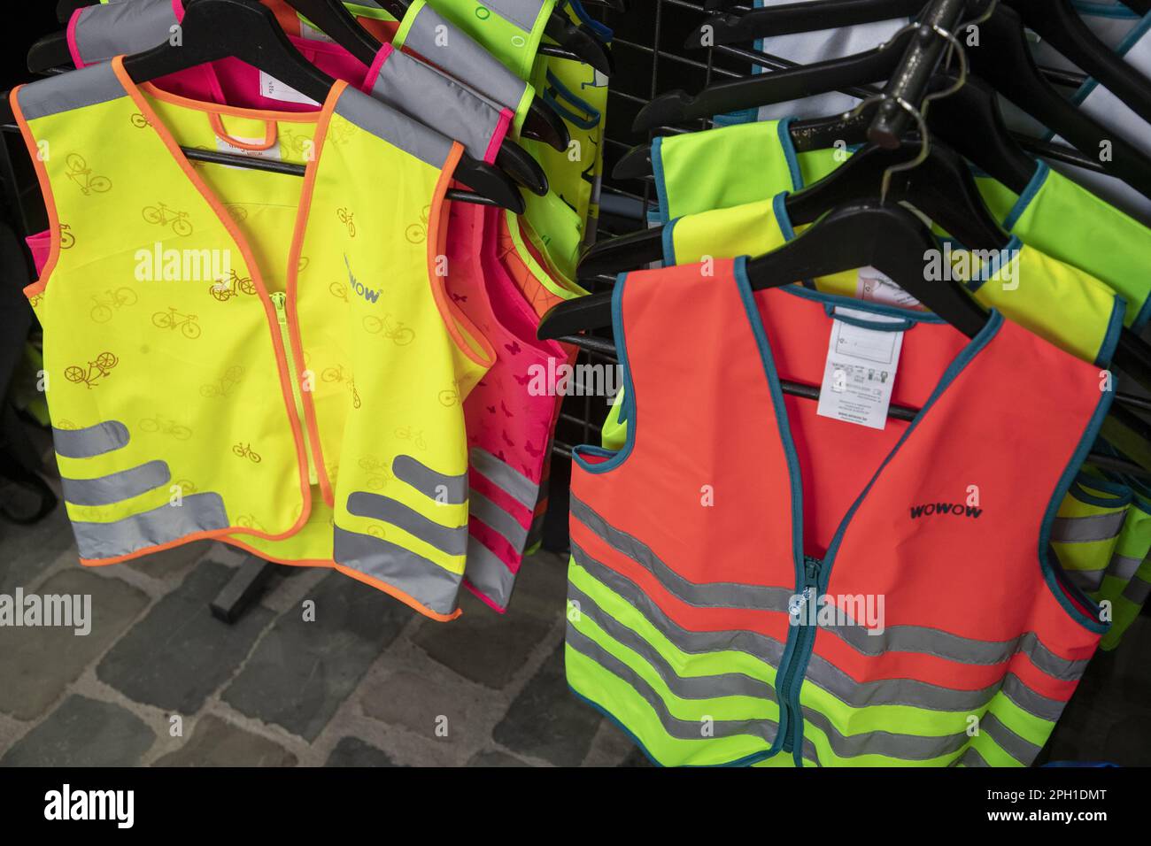 Illustration shows kids fluo safety jackets during Bike Brussels fair ...
