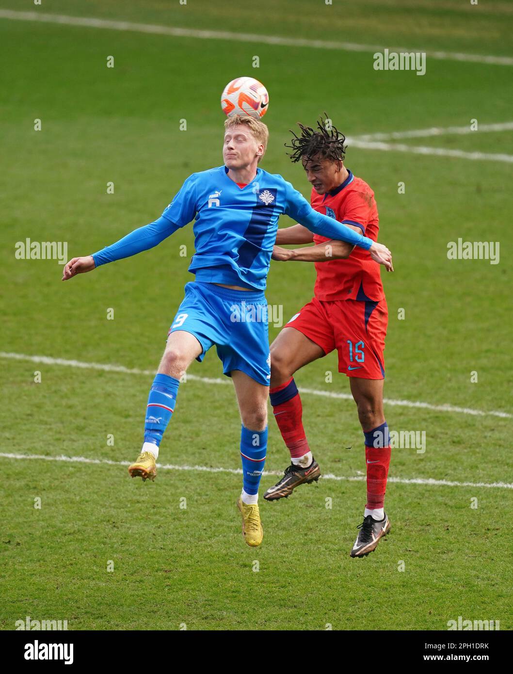Iceland U19's Hilmir Rafn Mikaelsson and England U19's Ashley Phillips ...